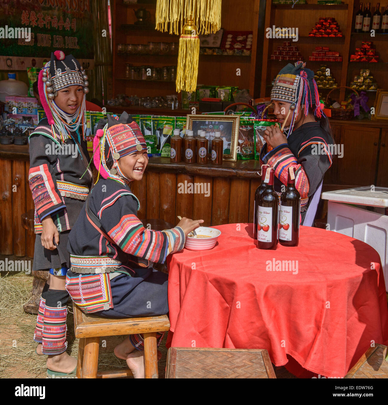 Young Akha girls in Mae Salong, Chiang Rai Province, Thailand Stock ...