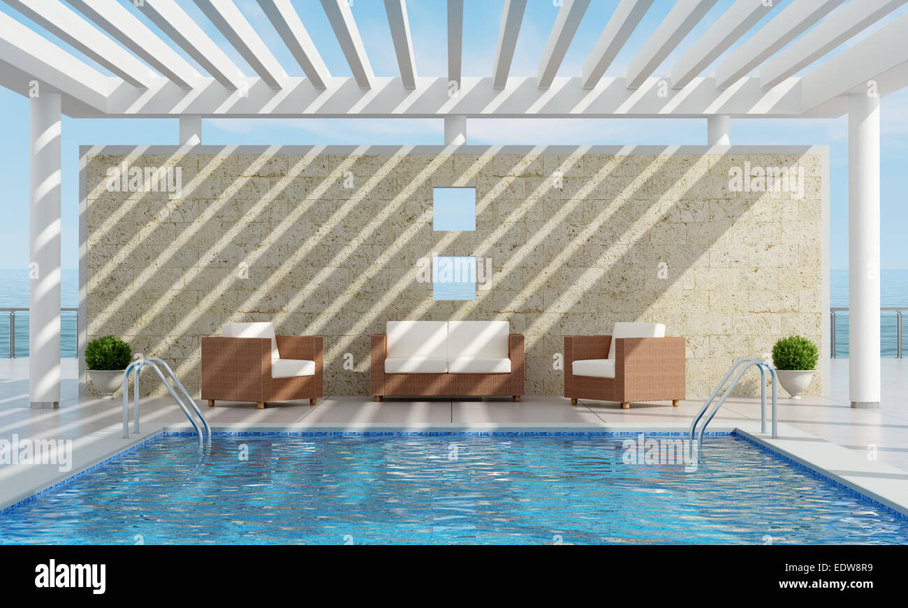 Luxury Garden Of A Summer House With Pool Near The Sea 3d Rendering
