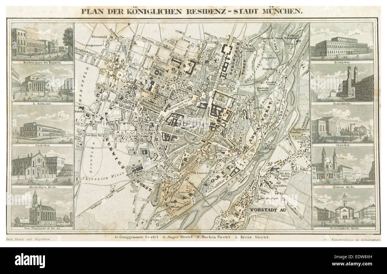 An 1843 plan of the Royal Residence City of Munich, illustrating the ...