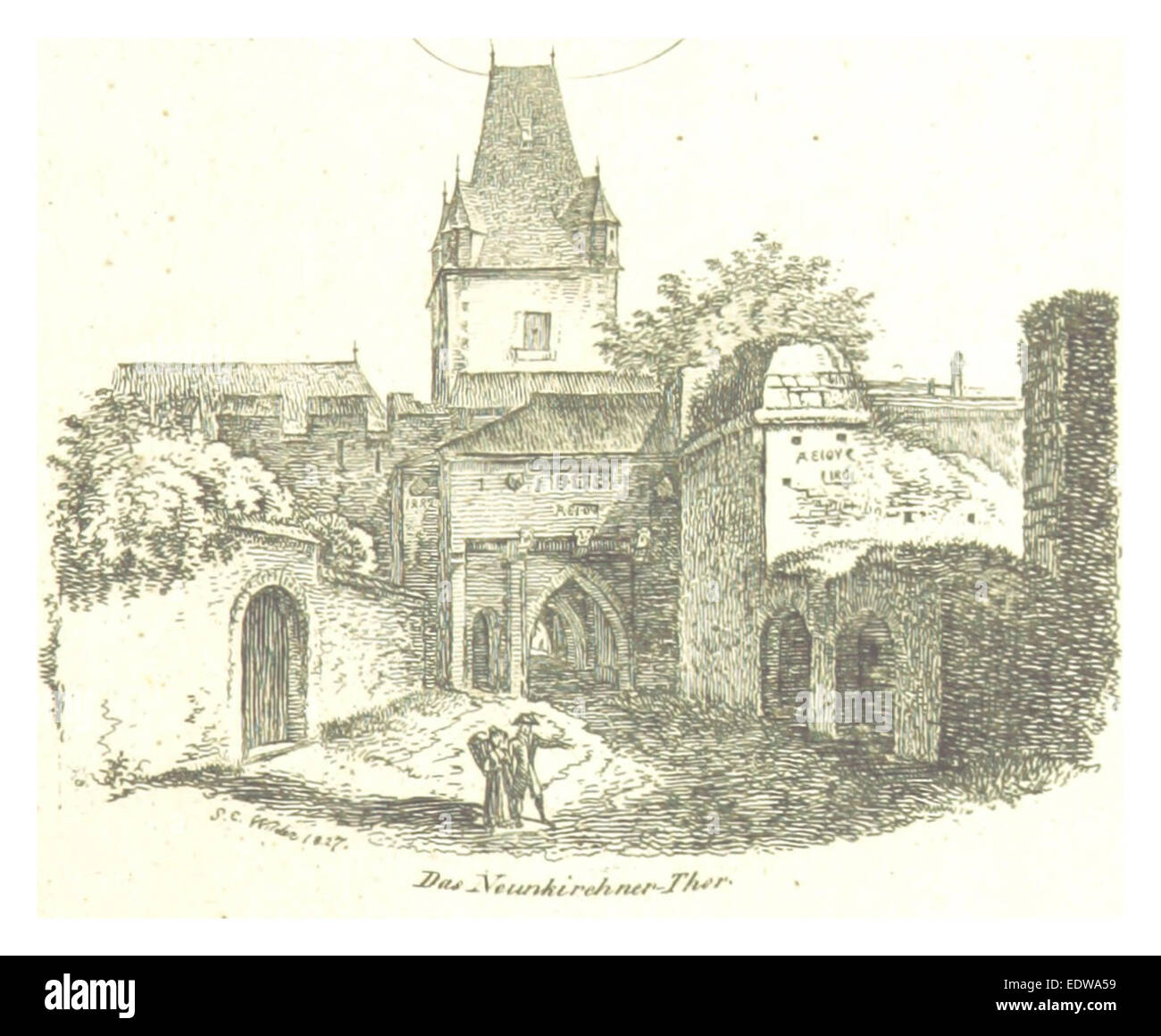 This 1830 illustration by Boeheim depicts the *Neunkirchner Tor*, a ...