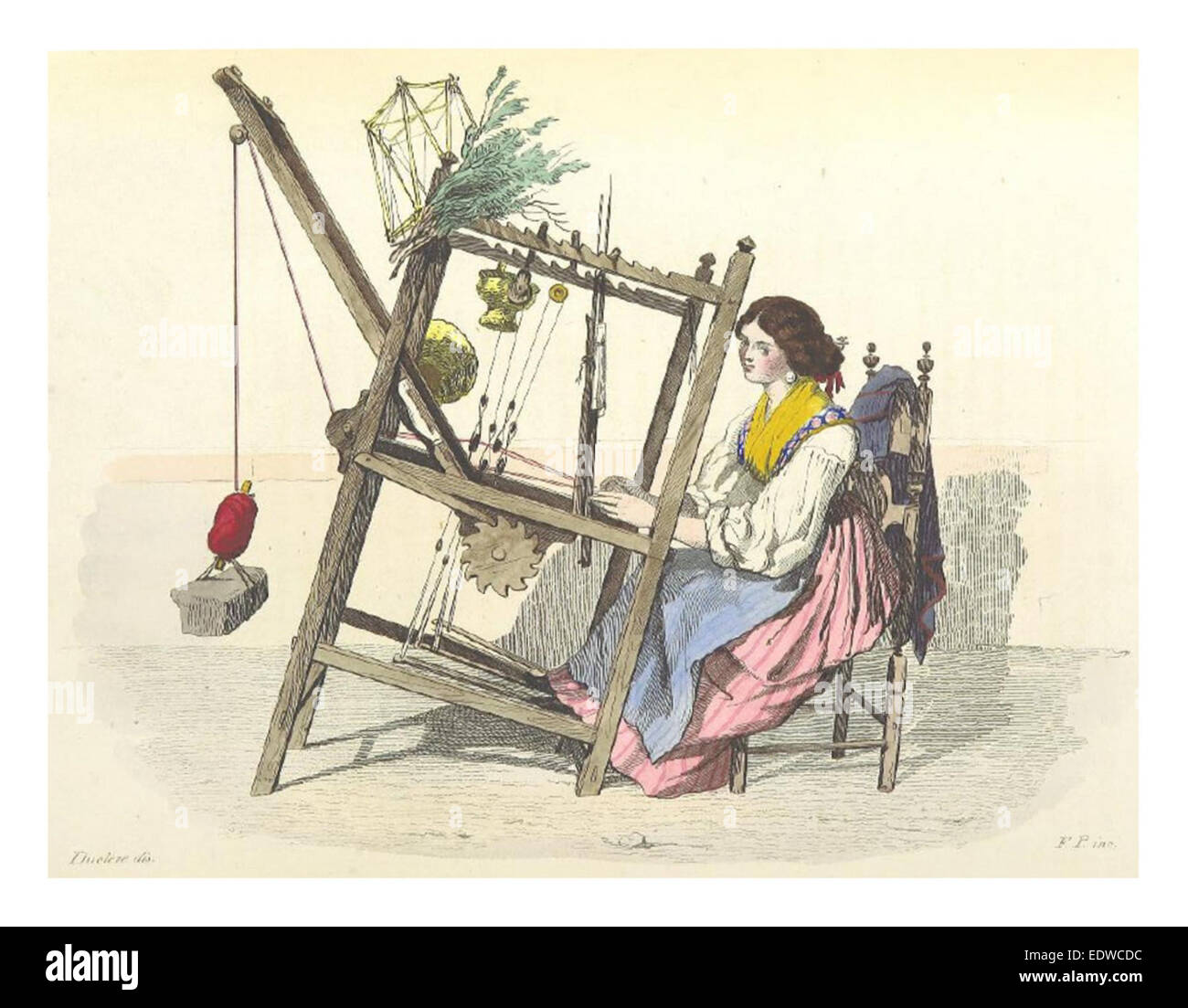 This 1858 illustration by Bourcard, titled 'La Tessitrice di Nastrì ...