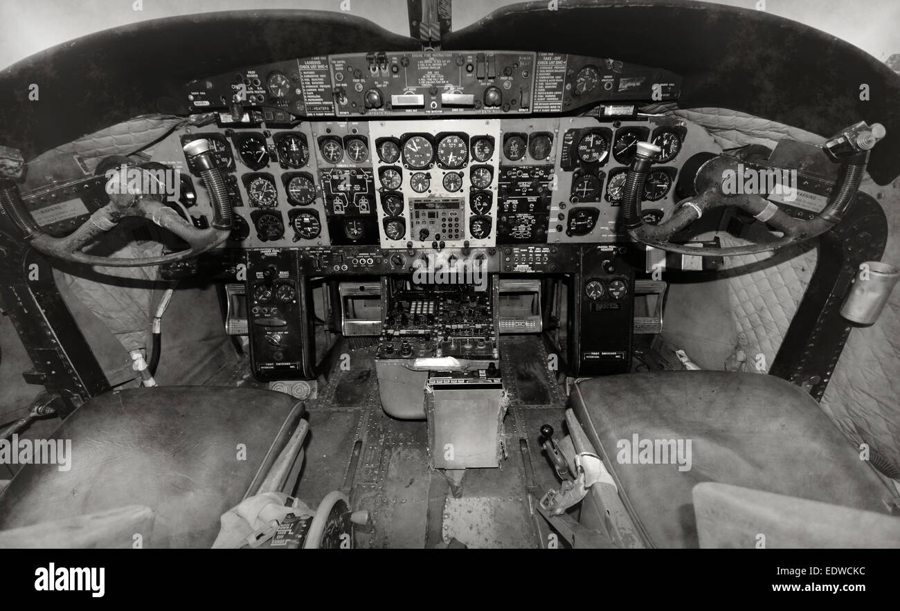 Retro propeller airplane cockpit interior old stained photo Stock Photo ...