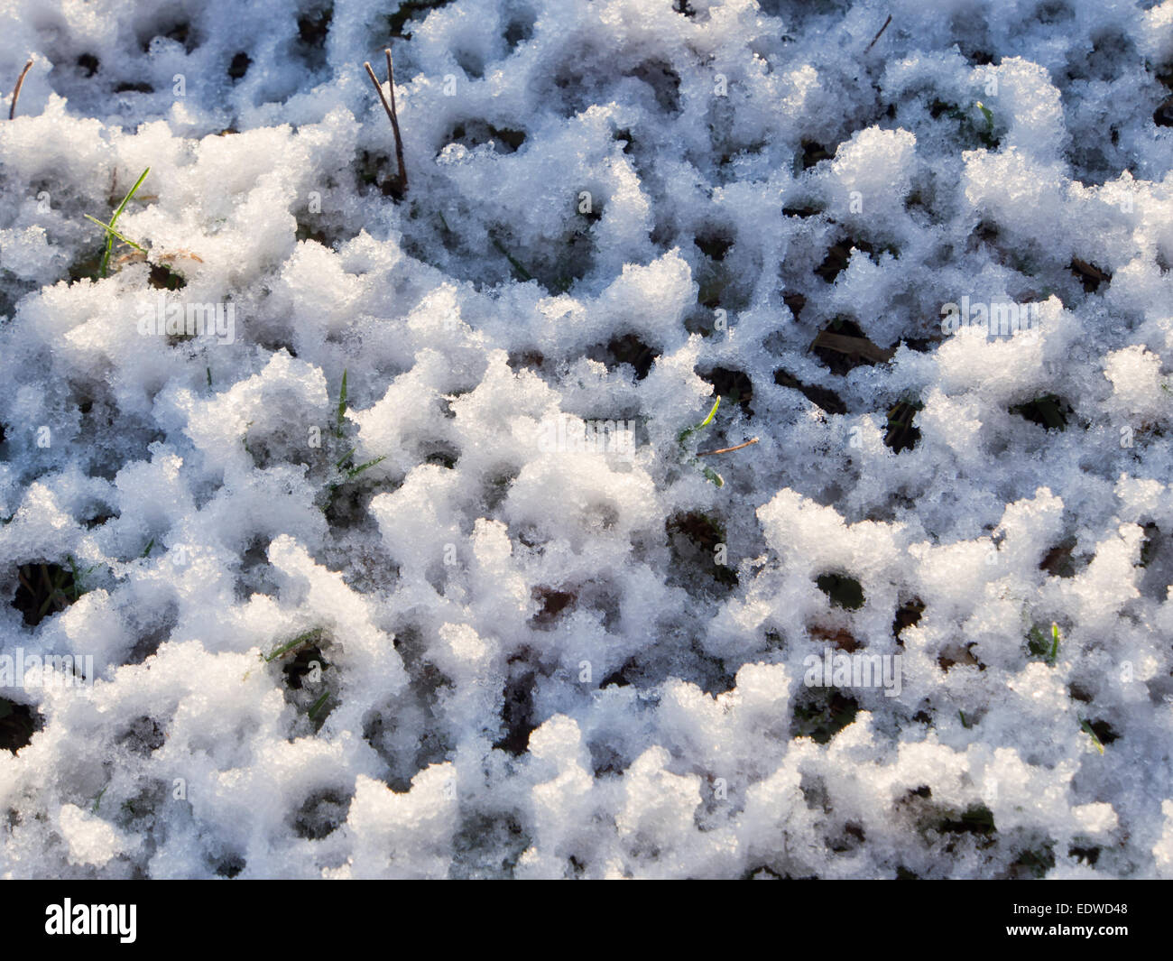 Close up of frozen snow on the ground with imprints of water drops ...