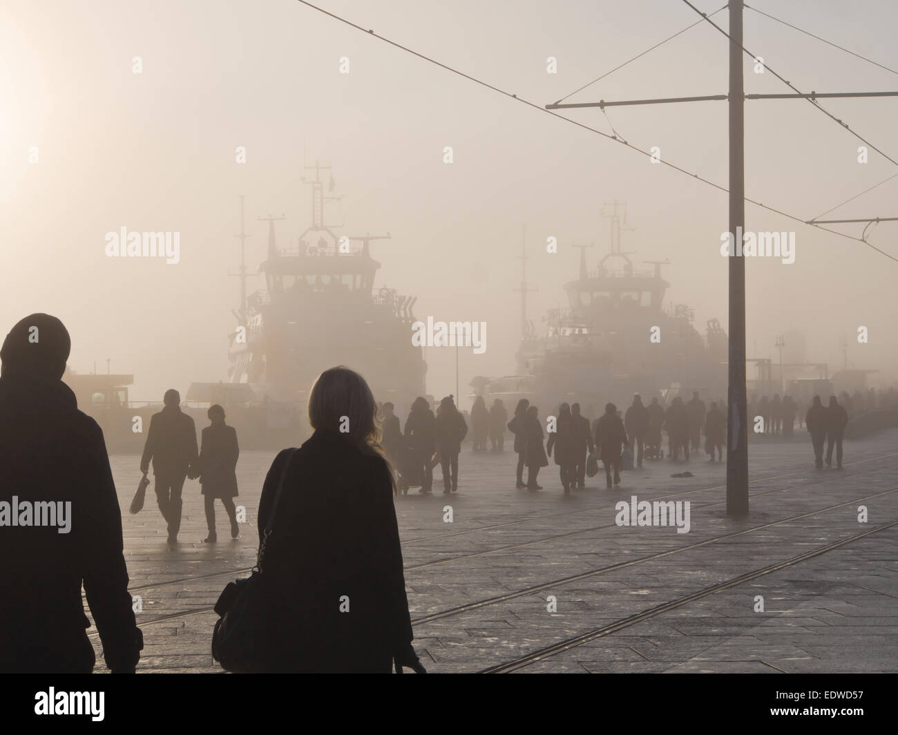 A foggy morning in the harbour of Oslo Norway, Nesodden passenger ferry ...