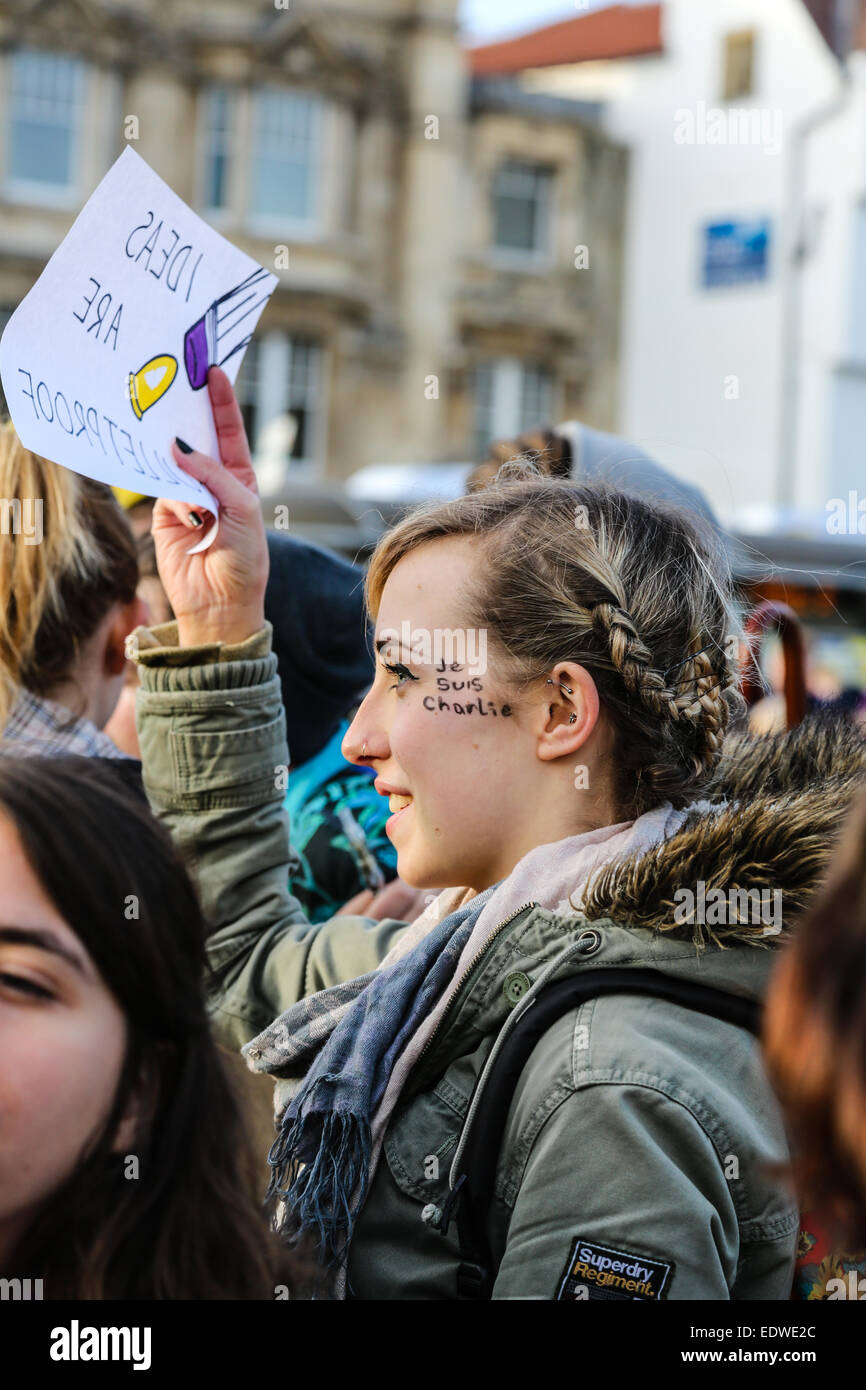 Bristol, UK. 10th January, 2015. A girl with "Je suis Charlie" written ...