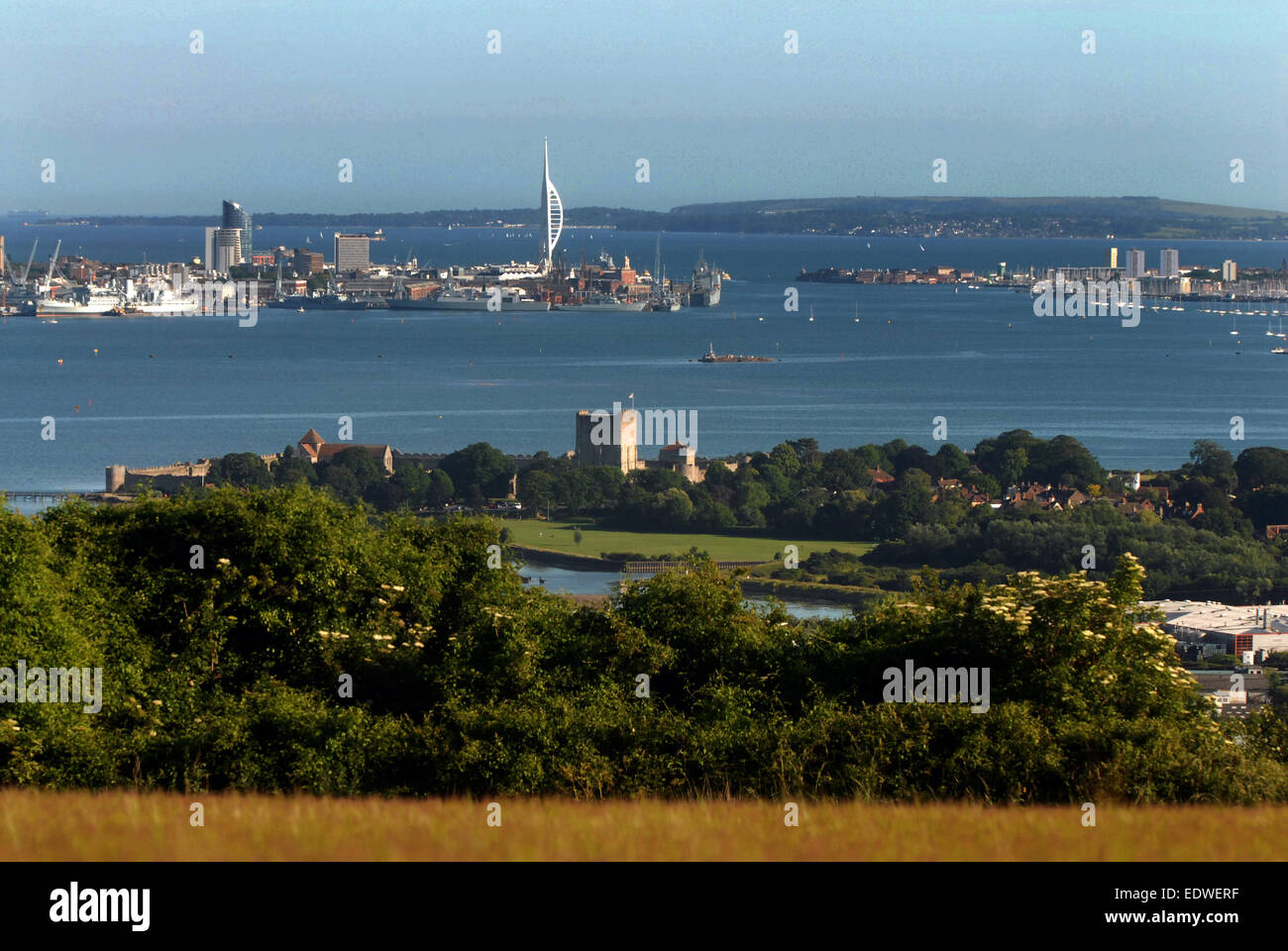 A view of Portchester castle and portsmouth harbour from portsdown hill ...