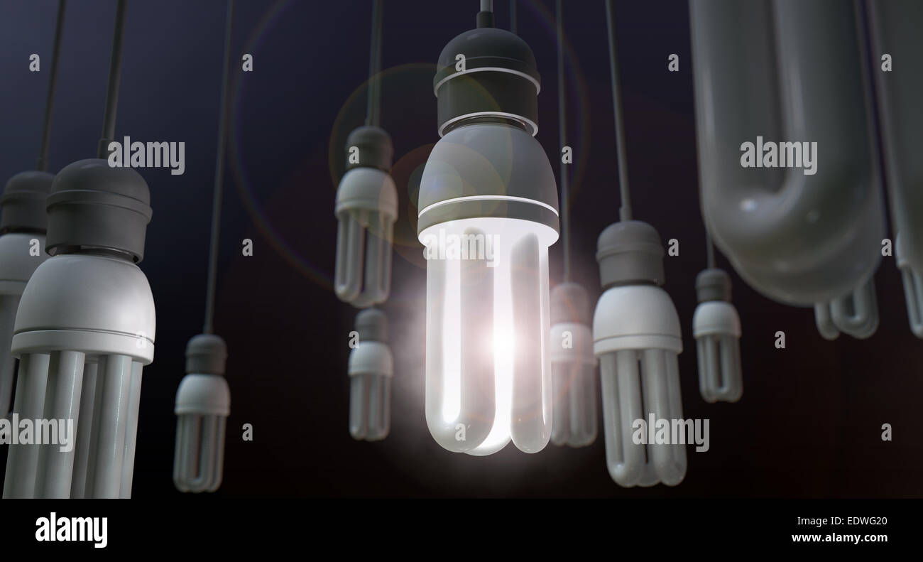 A concept image showing unlit dangling flourescent light bulbs with one ...
