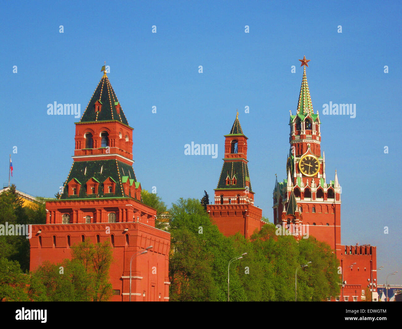Moscow, Kremlin fortress with three towers, including main tower ...