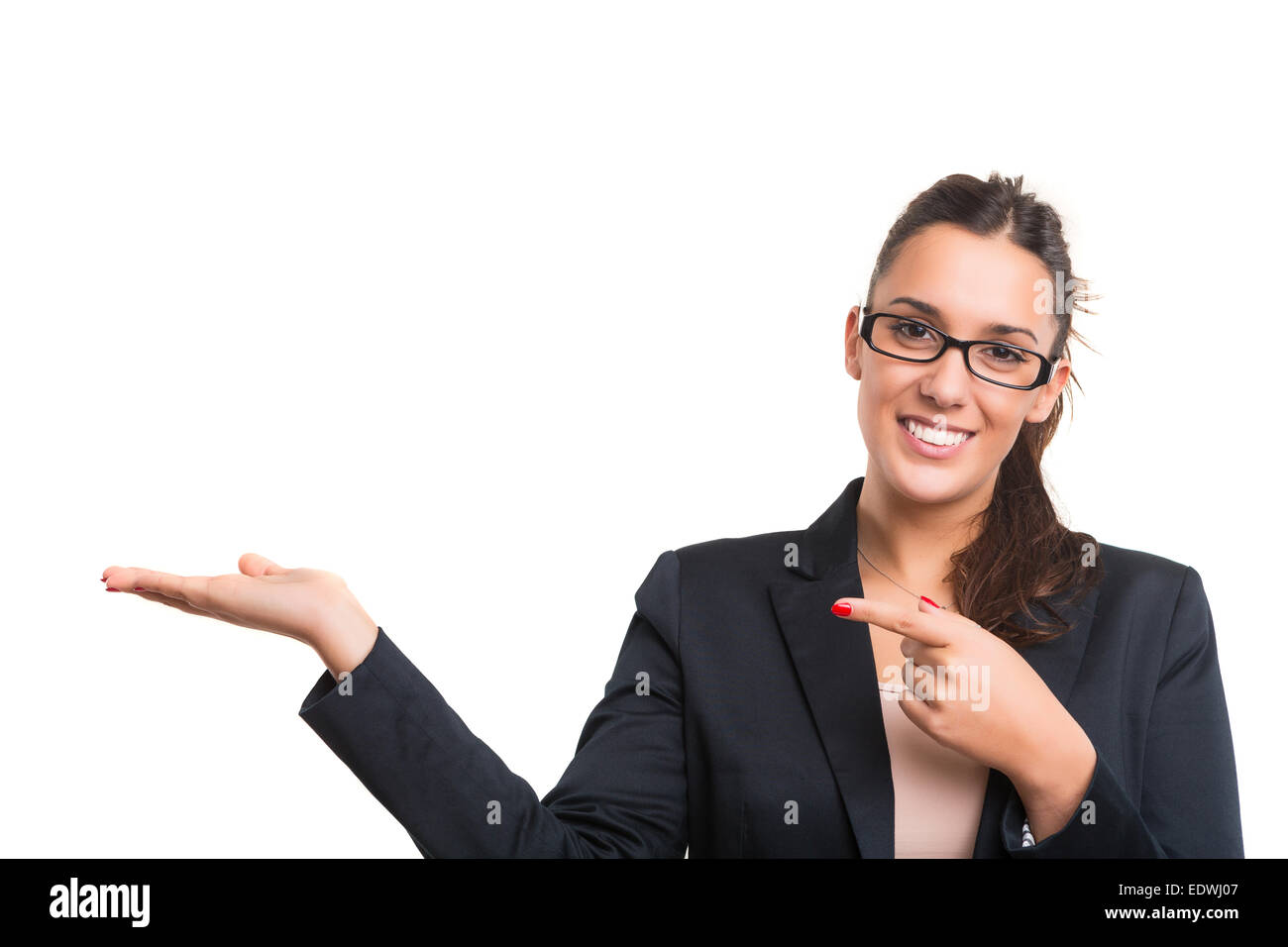 Young beautiful woman presenting your product, isolated over white ...