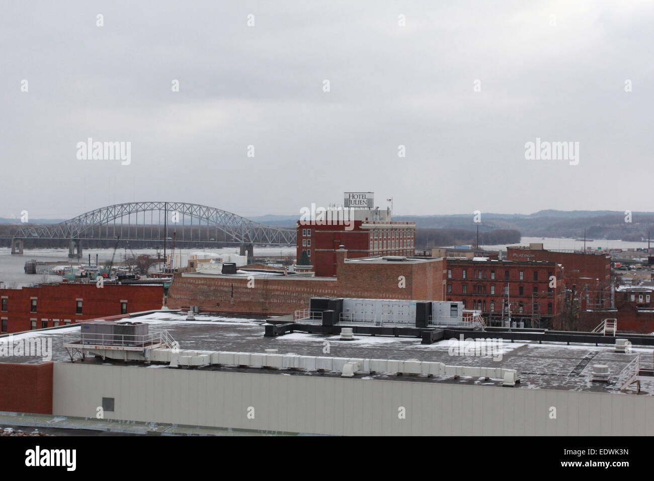 Julien Dubuque Bridge across rooftops of downtown Dubuque Stock Photo ...