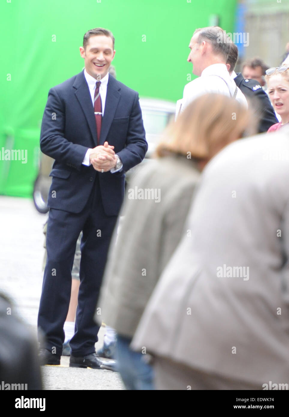 Tom Hardy filming on the set of his new movie 'Legend' in London ...
