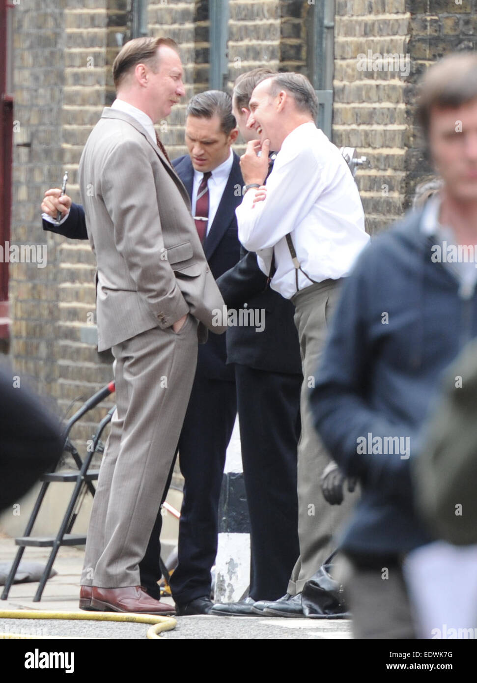 Tom Hardy filming on the set of his new movie 'Legend' in London ...