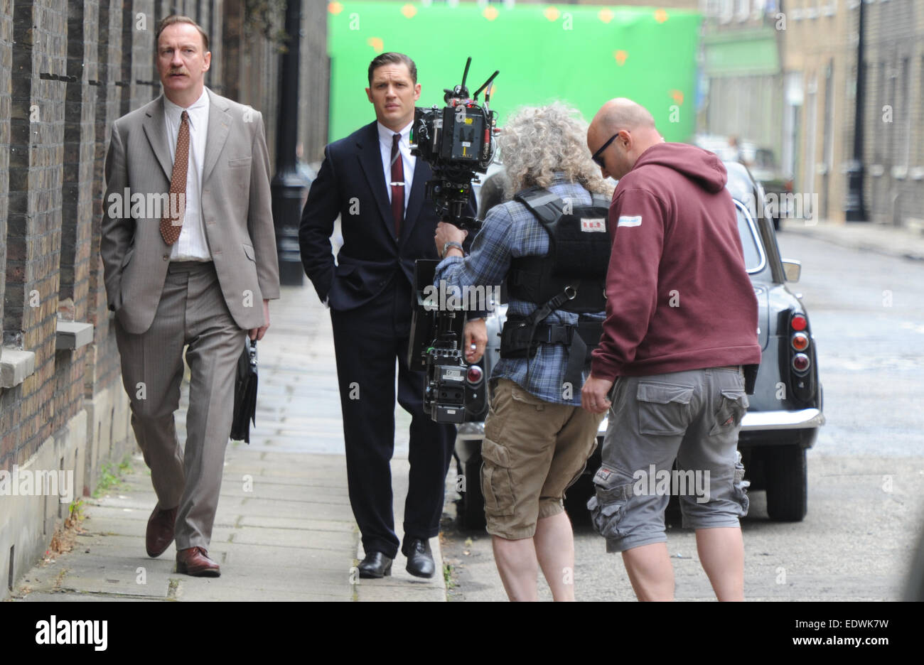 Tom Hardy filming on the set of his new movie 'Legend' in London ...
