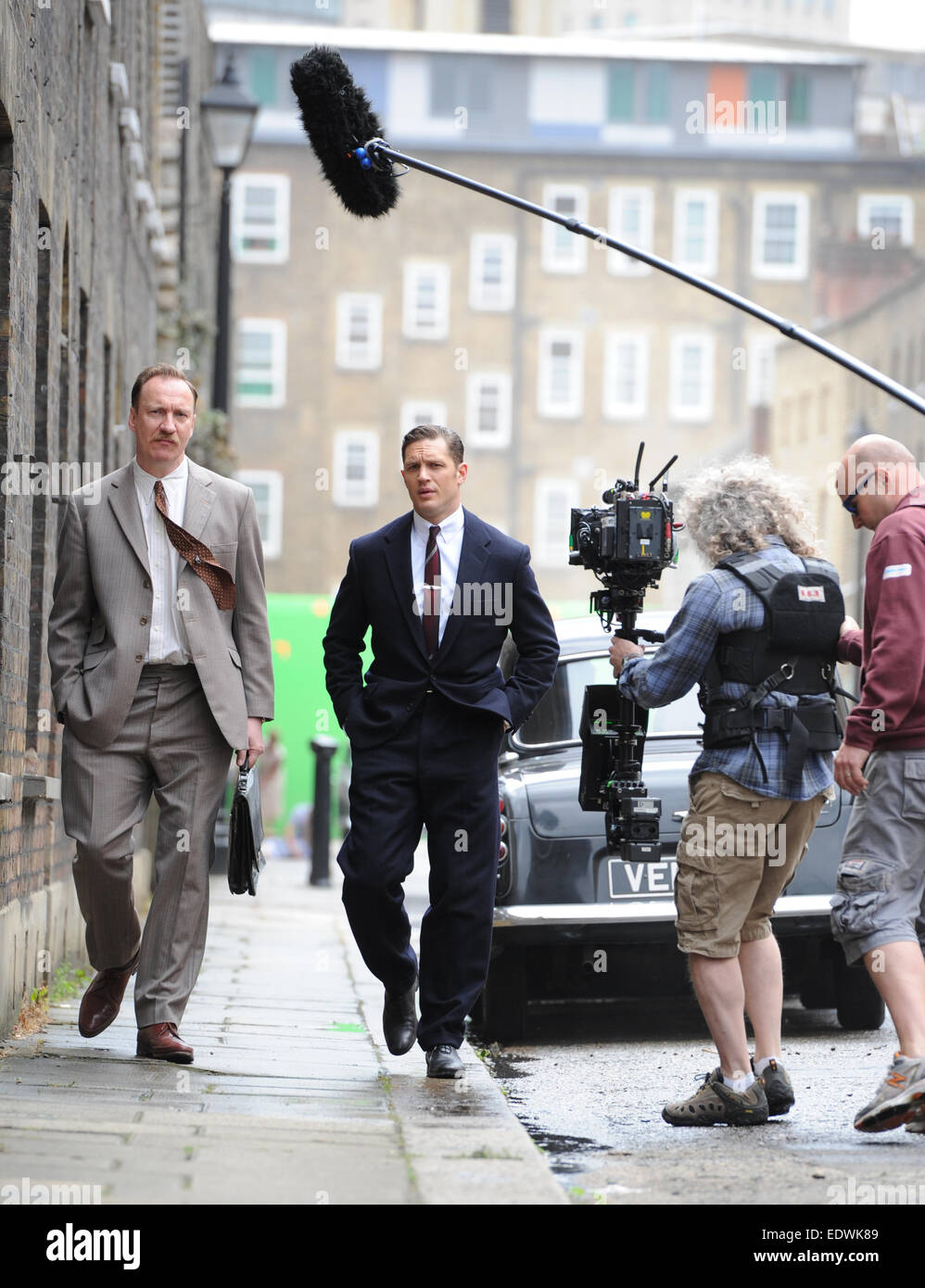 Tom Hardy filming on the set of his new movie 'Legend' in London ...