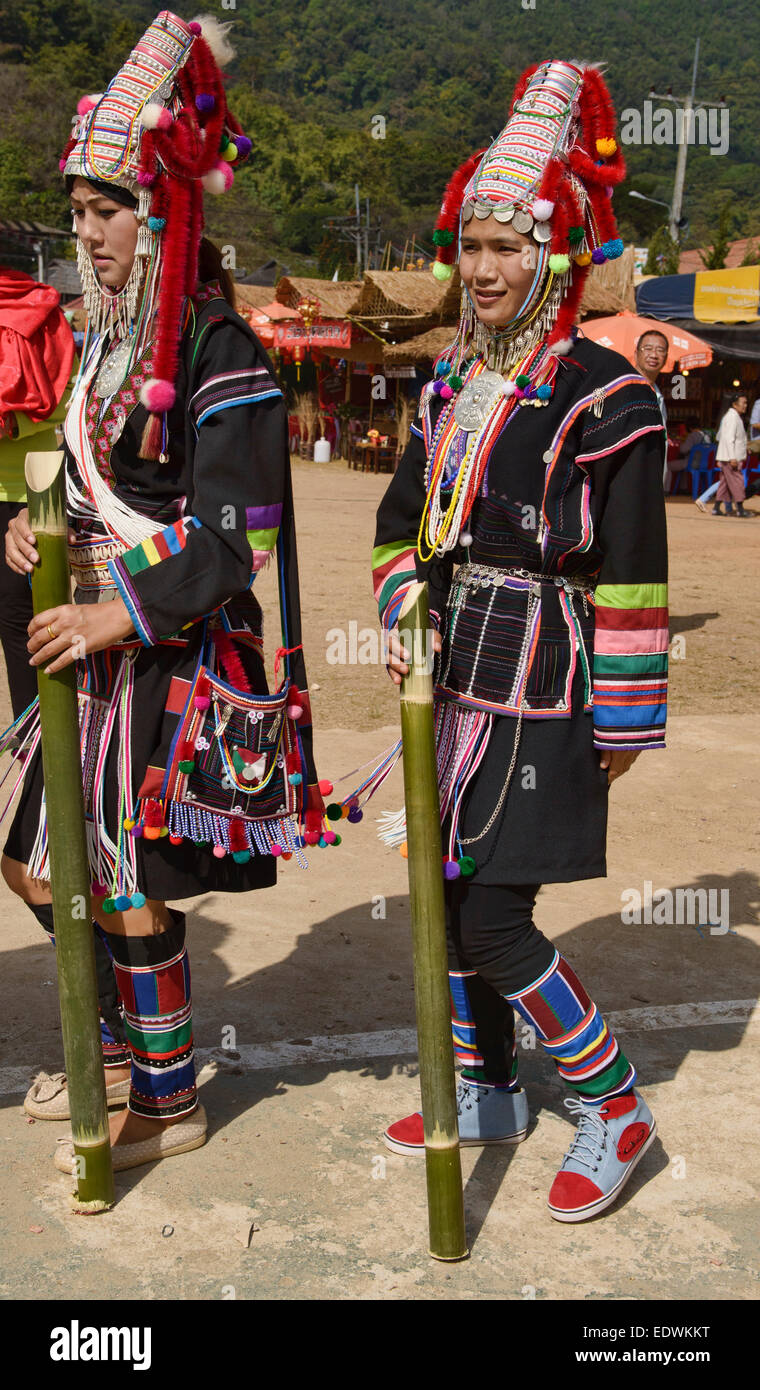 Akha women dancing at the New Year Festival in Mae Salong, Chiang Rai ...