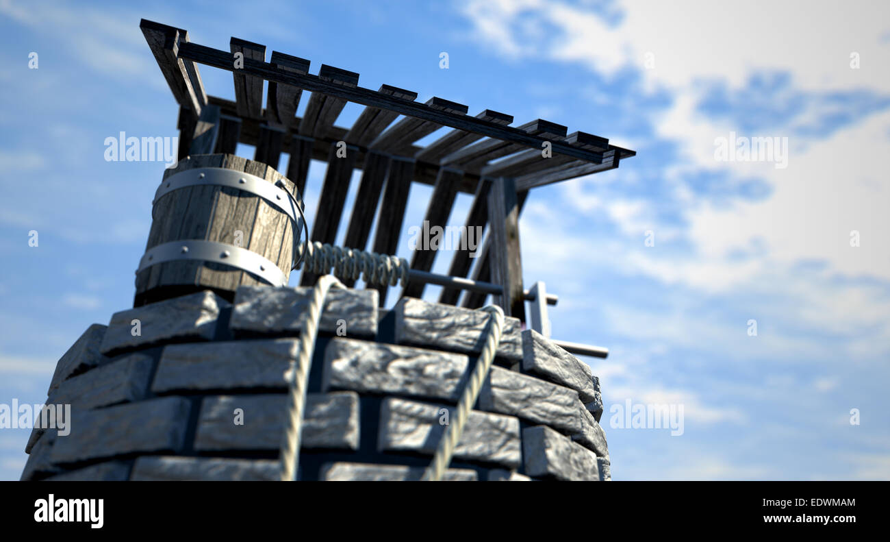 An upward view of a brick water well with a wooden roof and bucket ...