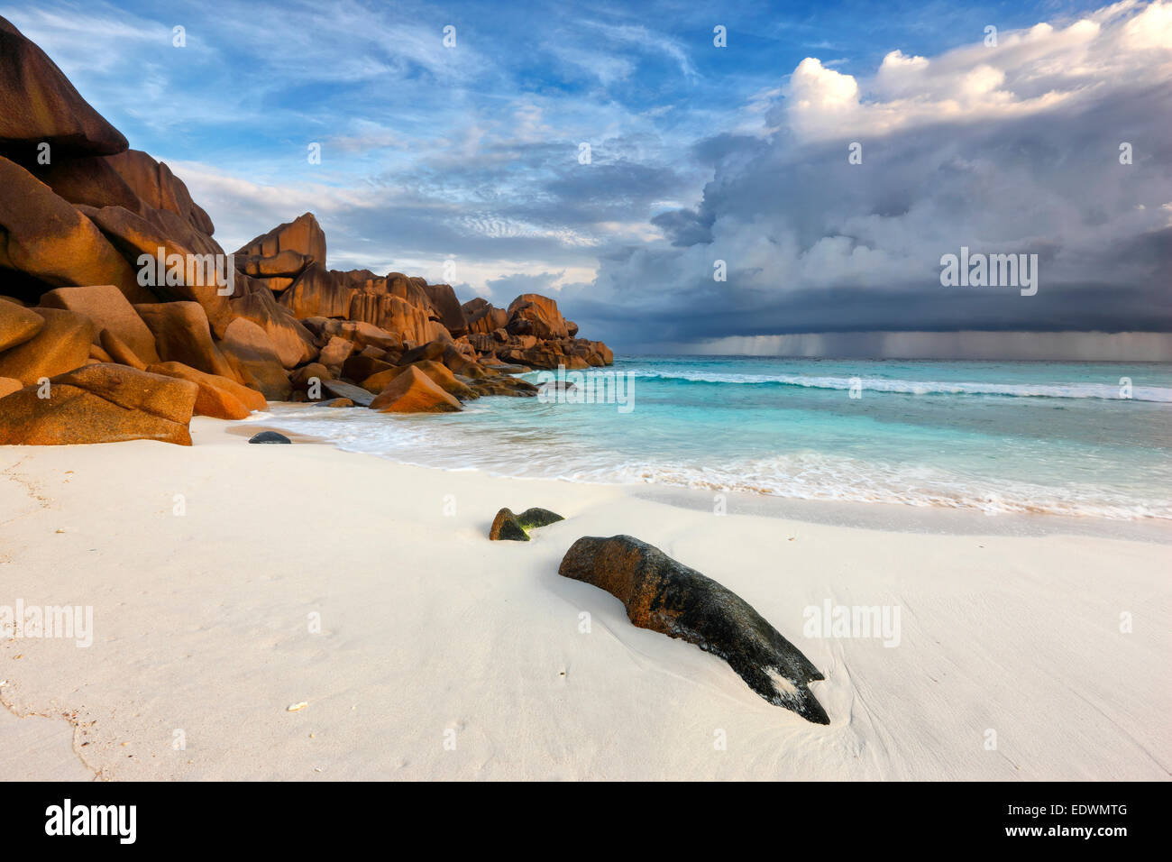 Seychelles beach landscape, La Digue Stock Photo - Alamy