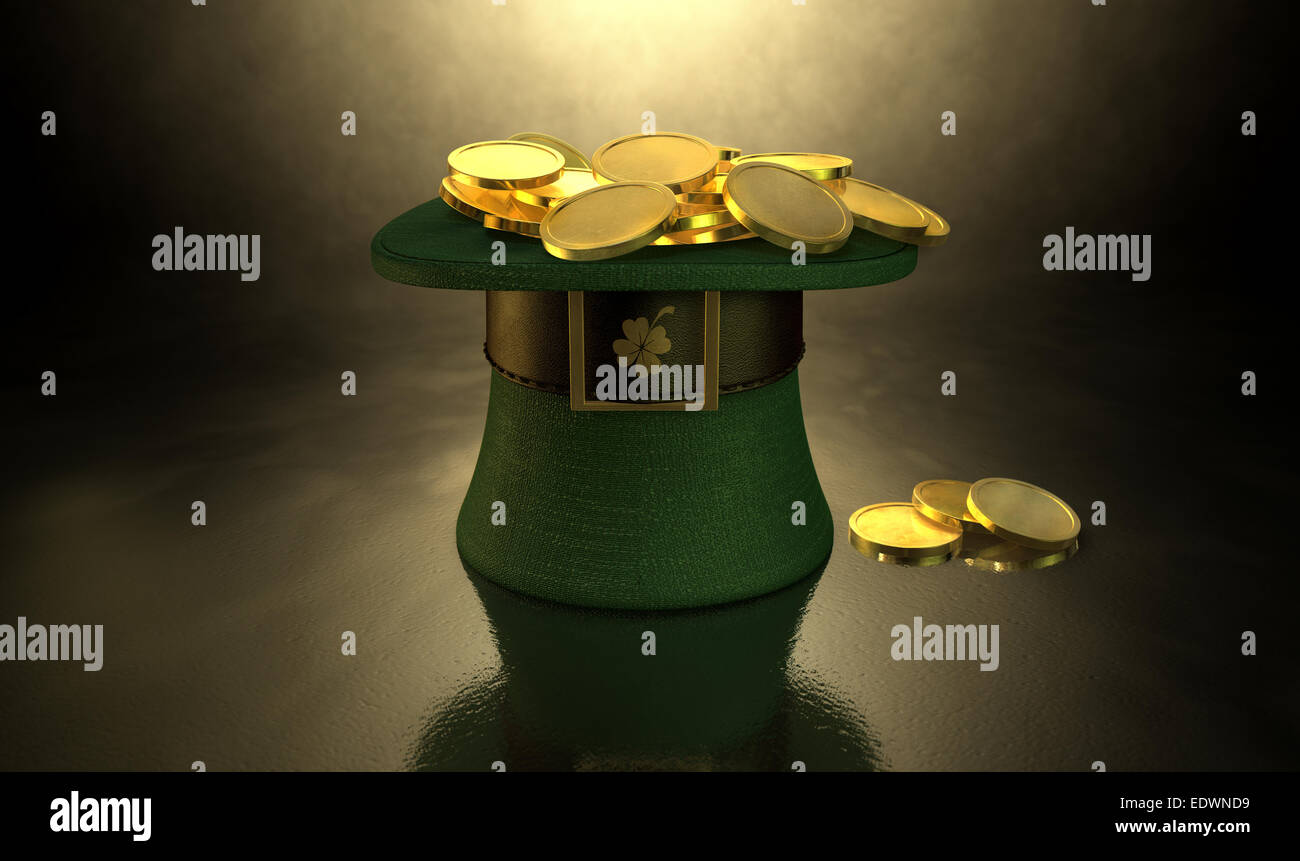 A green material leprechaun hat with a brown leather band emblazened ...