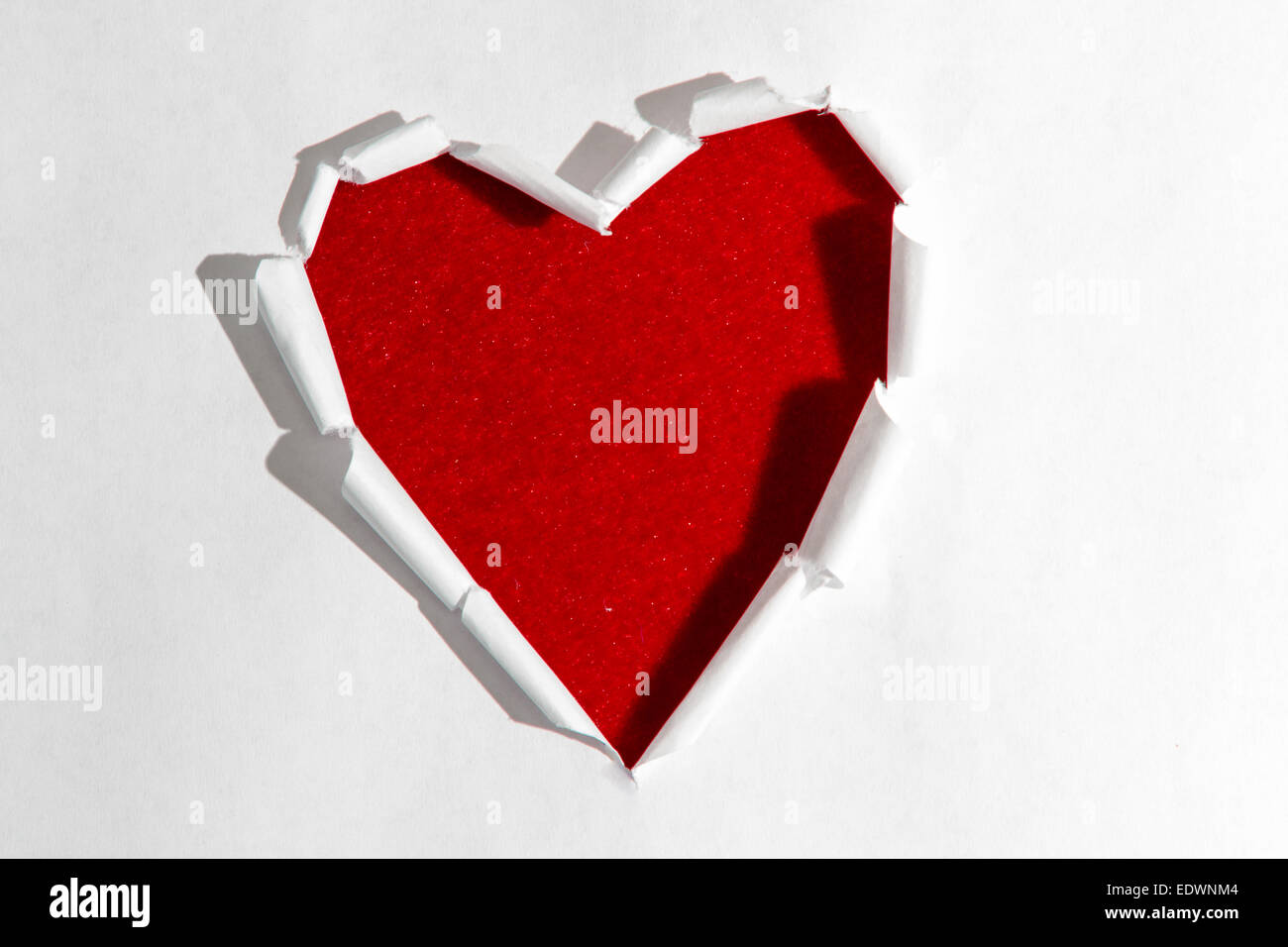 ripped white paper in the shape of a heart opening up to a red velvet ...