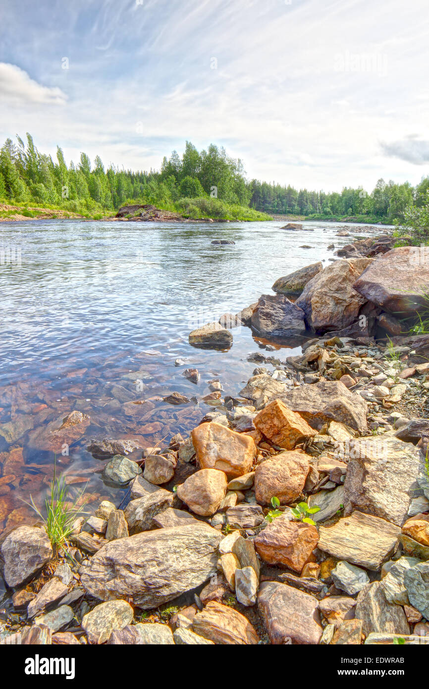 Landscape with forest, river and stones Stock Photo - Alamy