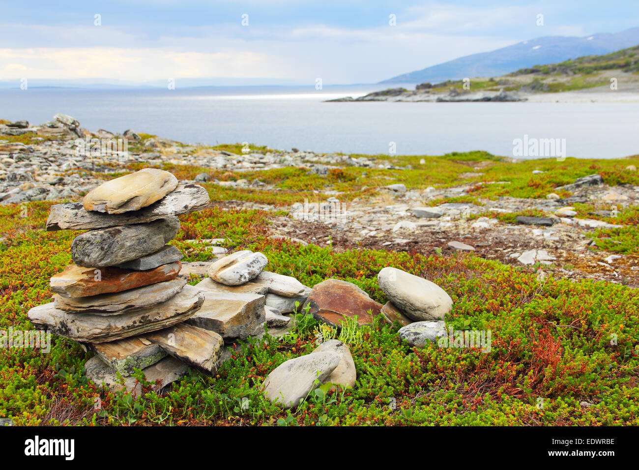 Northern Norwegian landscape with stack of stones Stock Photo - Alamy