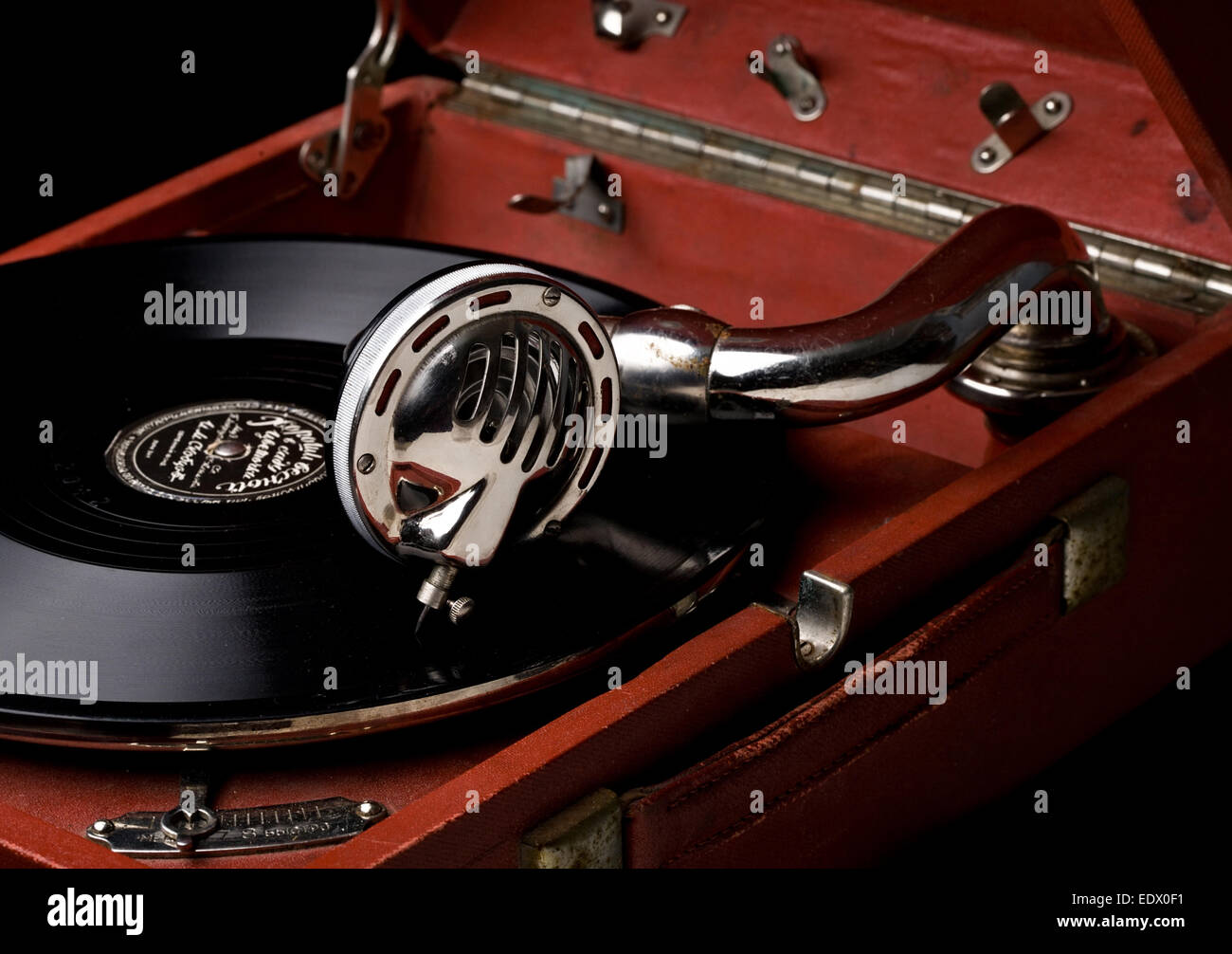 gramophone with old vinyl record and metal pickup closeup view Stock ...