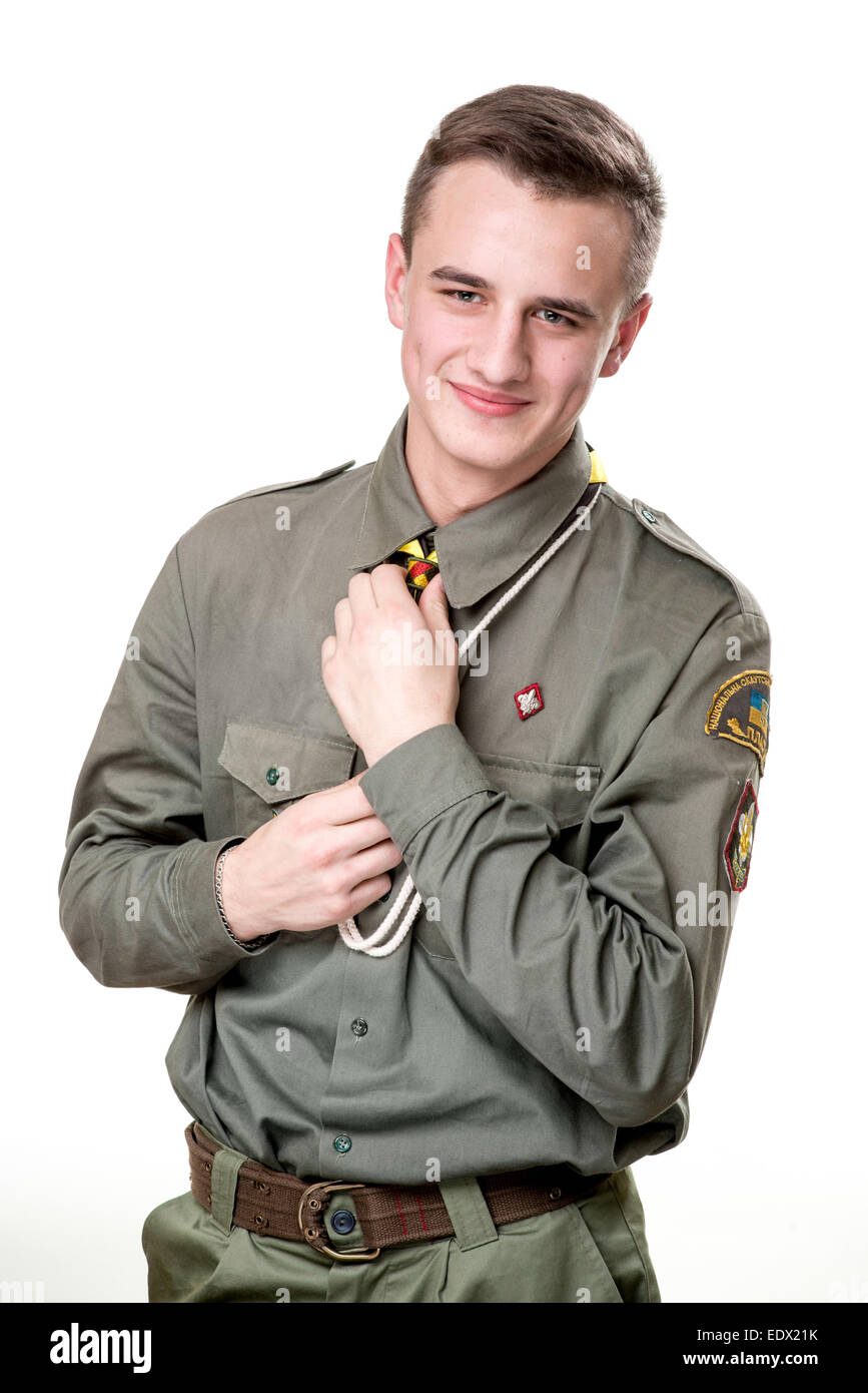 Paortrait of handsome scout man isolated on white background Stock ...