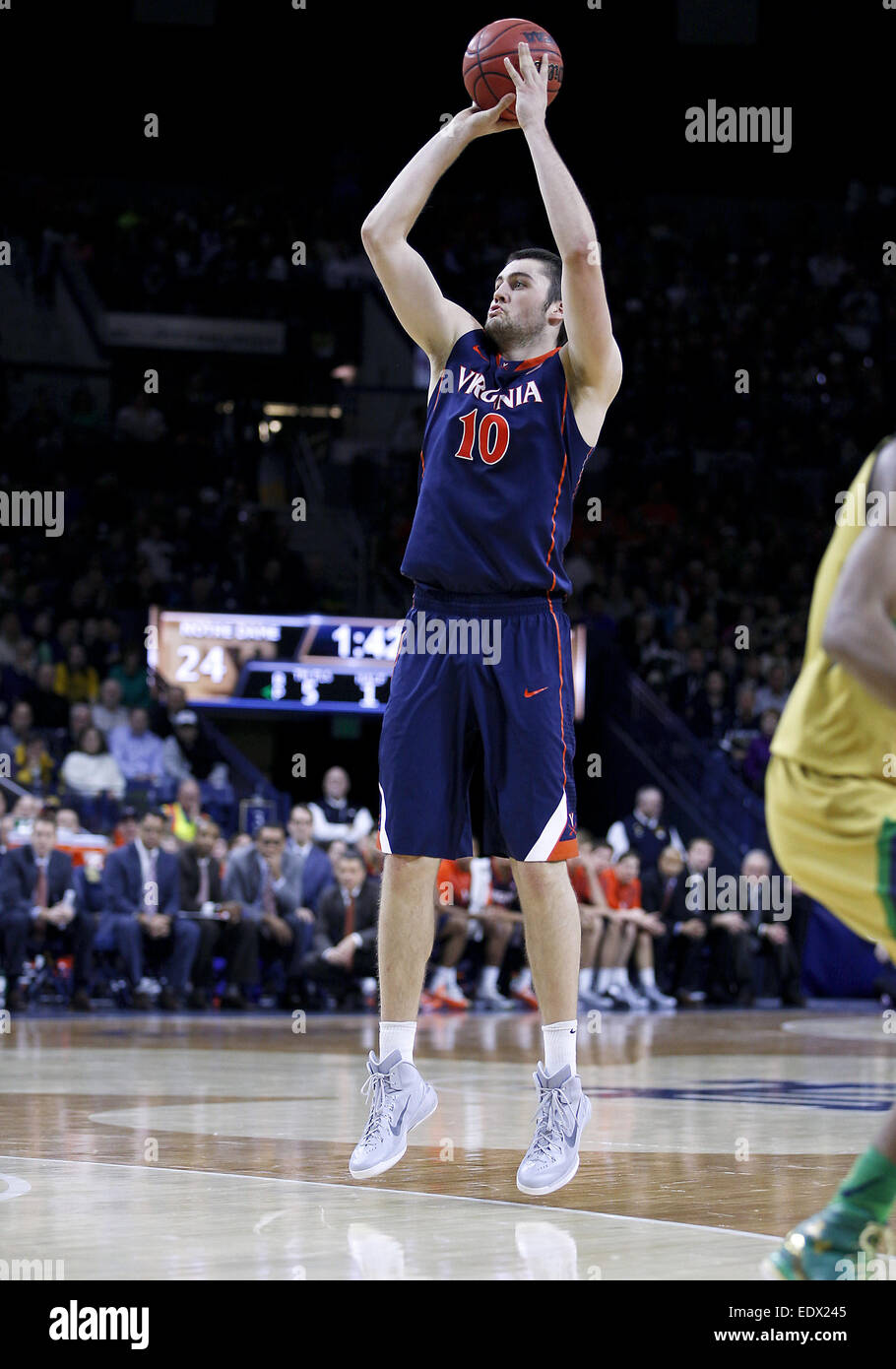 South Bend, Indiana, USA. 10th Jan, 2015. Virginia forward Mike Tobey ...