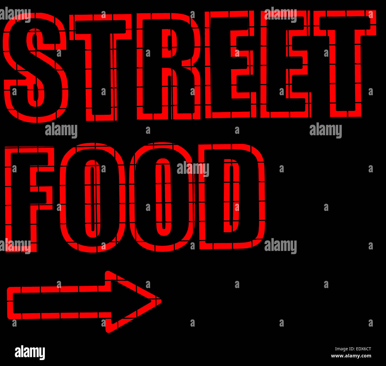 Red Neon Street Food Sign with Arrow Stock Photo - Alamy