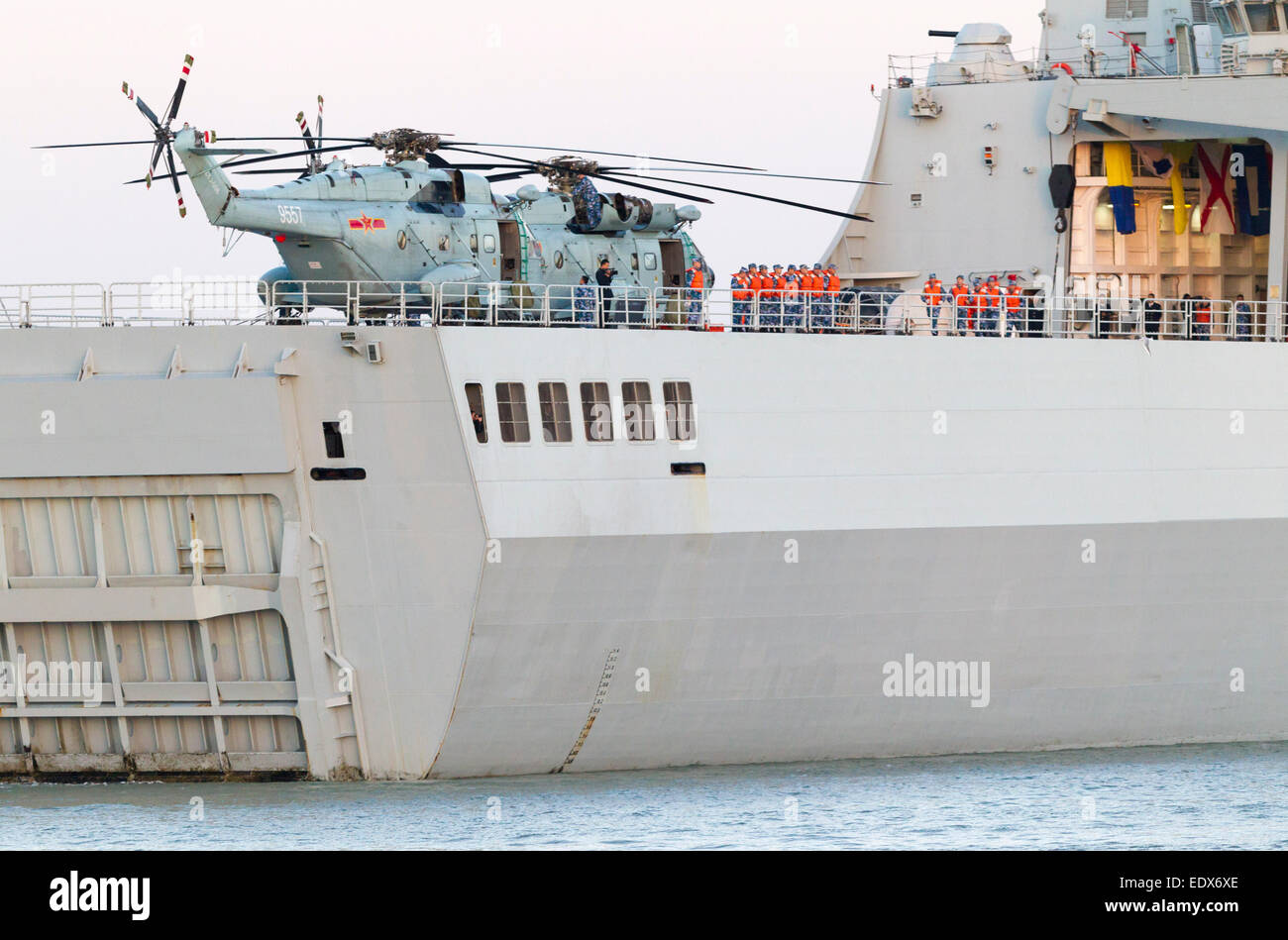 The Chinese Naval assault ship Chang Bai Shan enters Portsmouth harbour ...