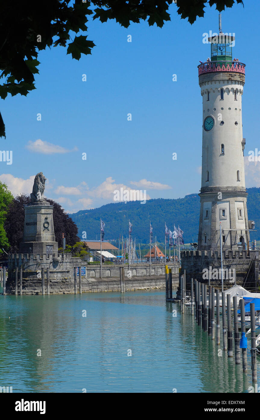 Lindau, Allgau, Lake constance, Bodensee, Lighthouse and Bavarian Lion ...