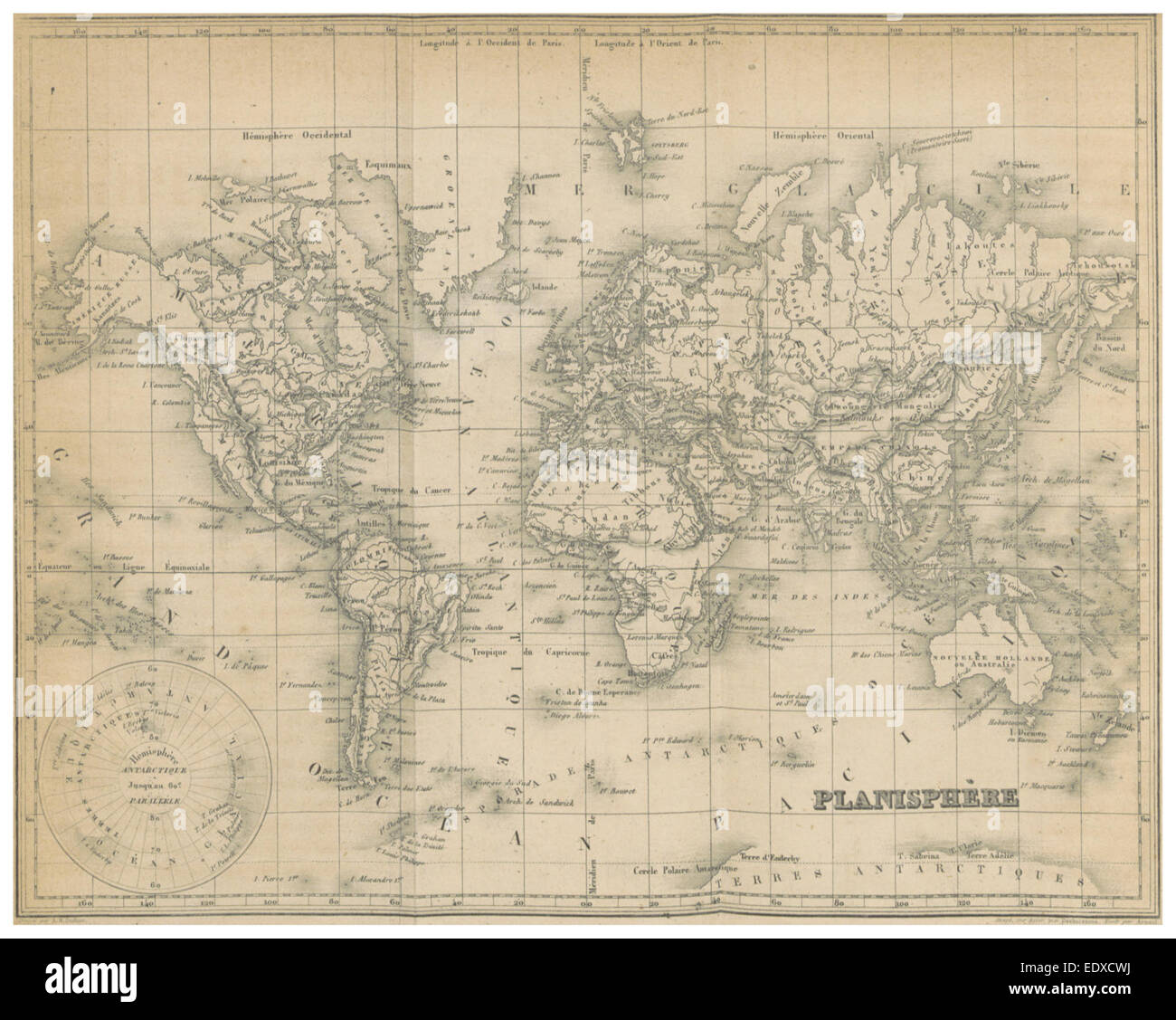 A 1856 planisphere by Malte-Brun depicting a map of the world ...