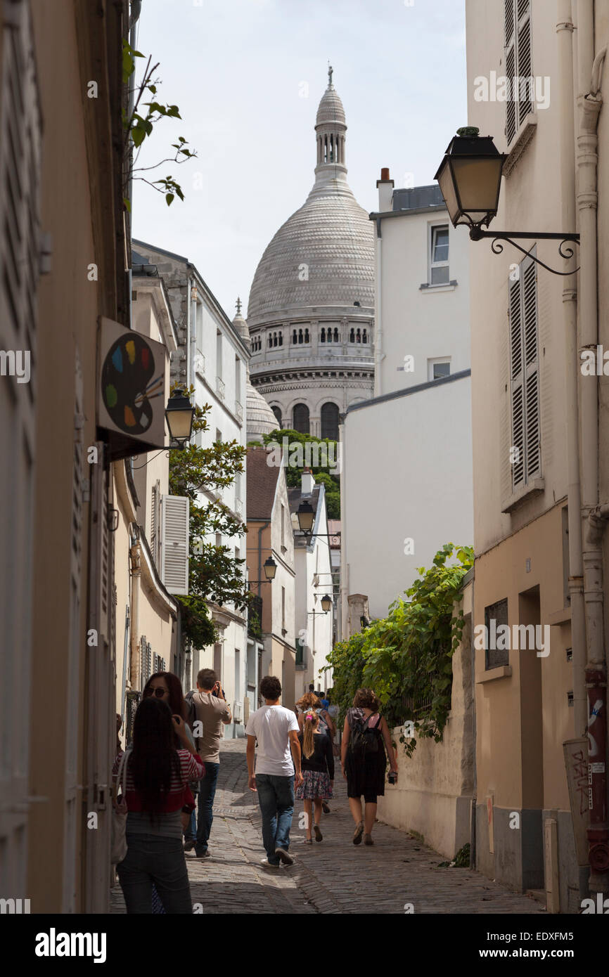France, Paris, side street looking towards the Sacre Coeur Basilica at ...