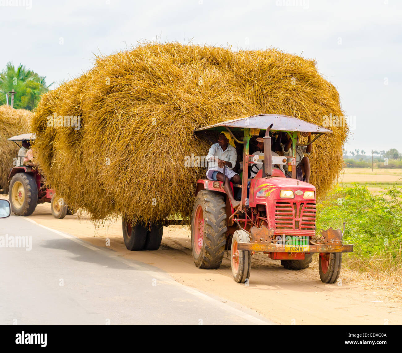 THANJAVOUR, INDIA - FEBRUARY 13: Indian rural men stopped at the curb ...