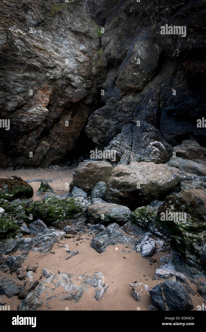 Interesting geology in the rocks at Perranporth beach in Cornwall Stock ...
