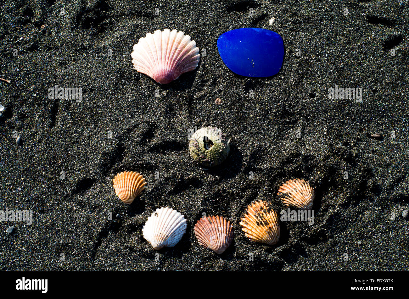 Face with shells and glass on volcanic black sand due to Vesuvio past ...
