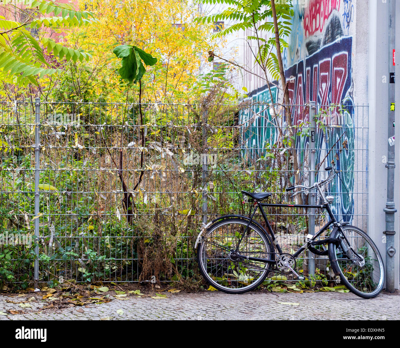 Overgrown garden, graffiti and bicycle on a Berlin Street Stock Photo ...