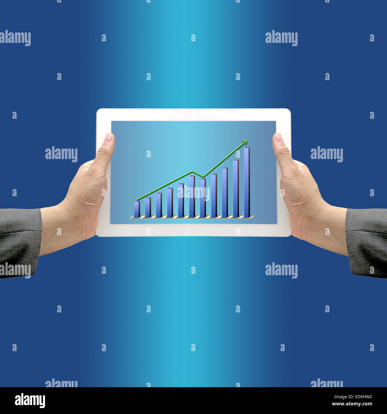 Asian Business Hand hold Touch Screen Pad with Up Trend Revenue Graph ...