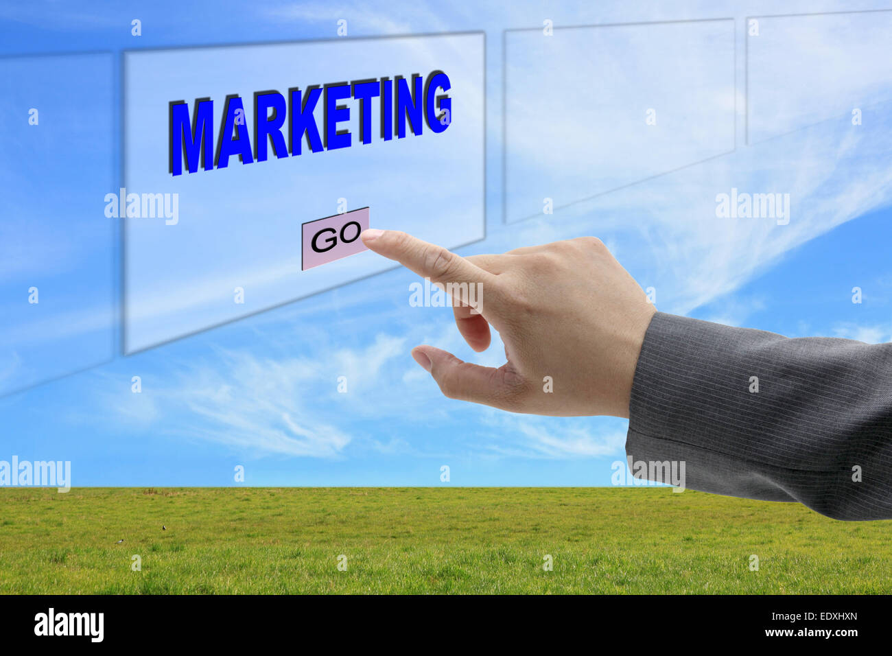 asian business man hand push on marketing button on touch screen panel ...