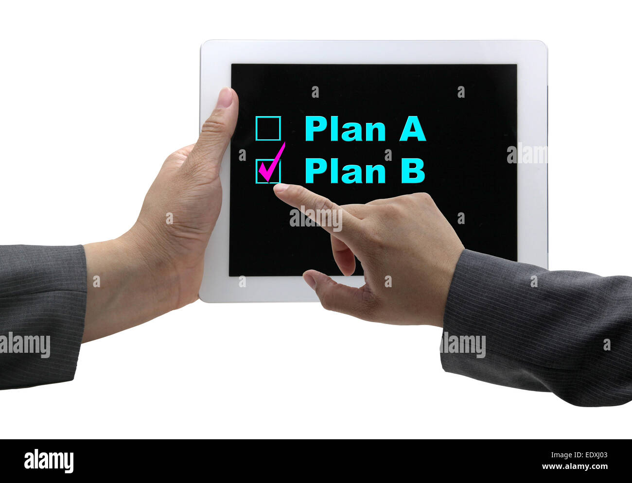 asian Businessman hand choosing plan B option on touch screen tablet ...