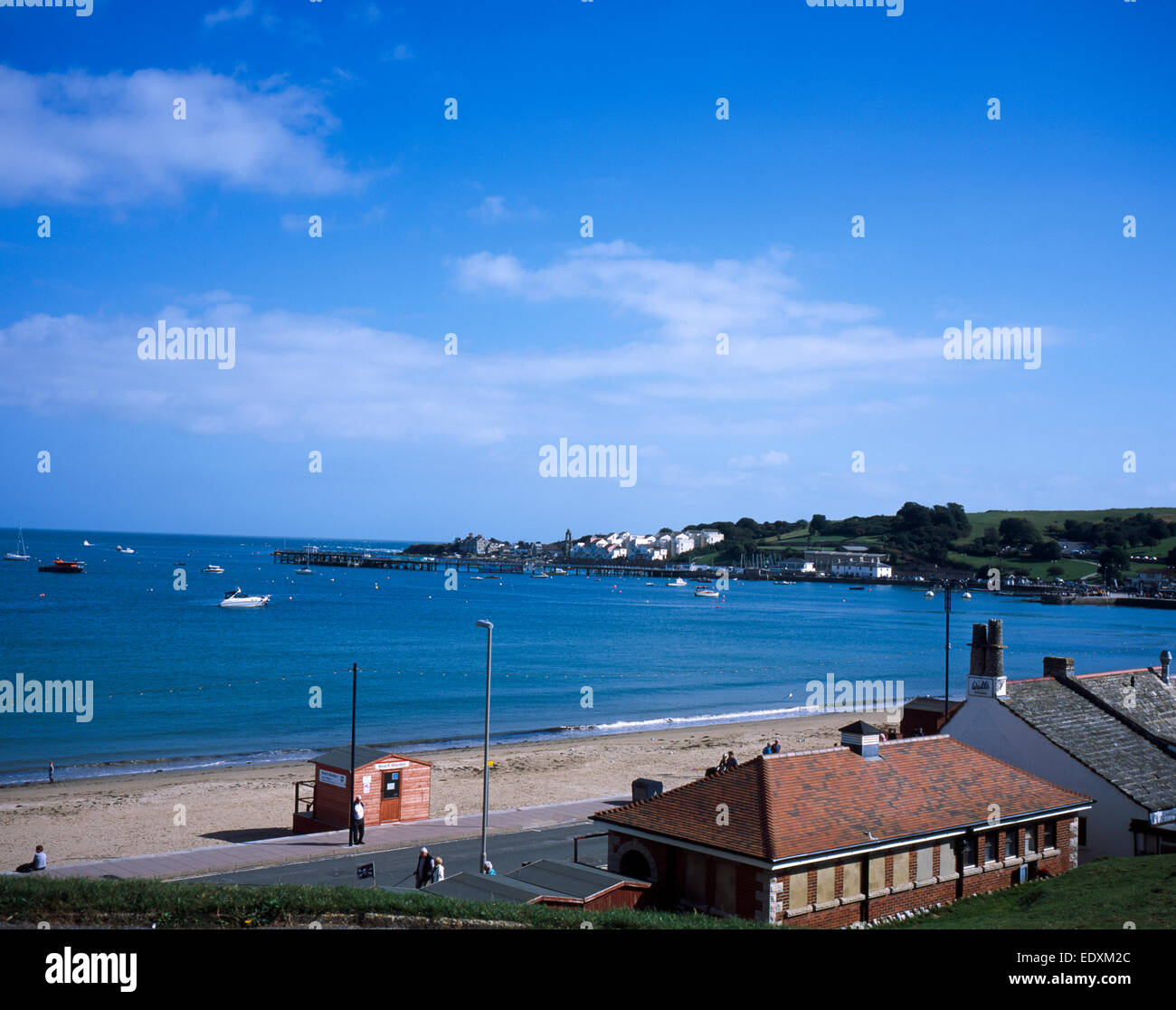 The beach and seafront at the town and holiday resort of Swanage Isle ...