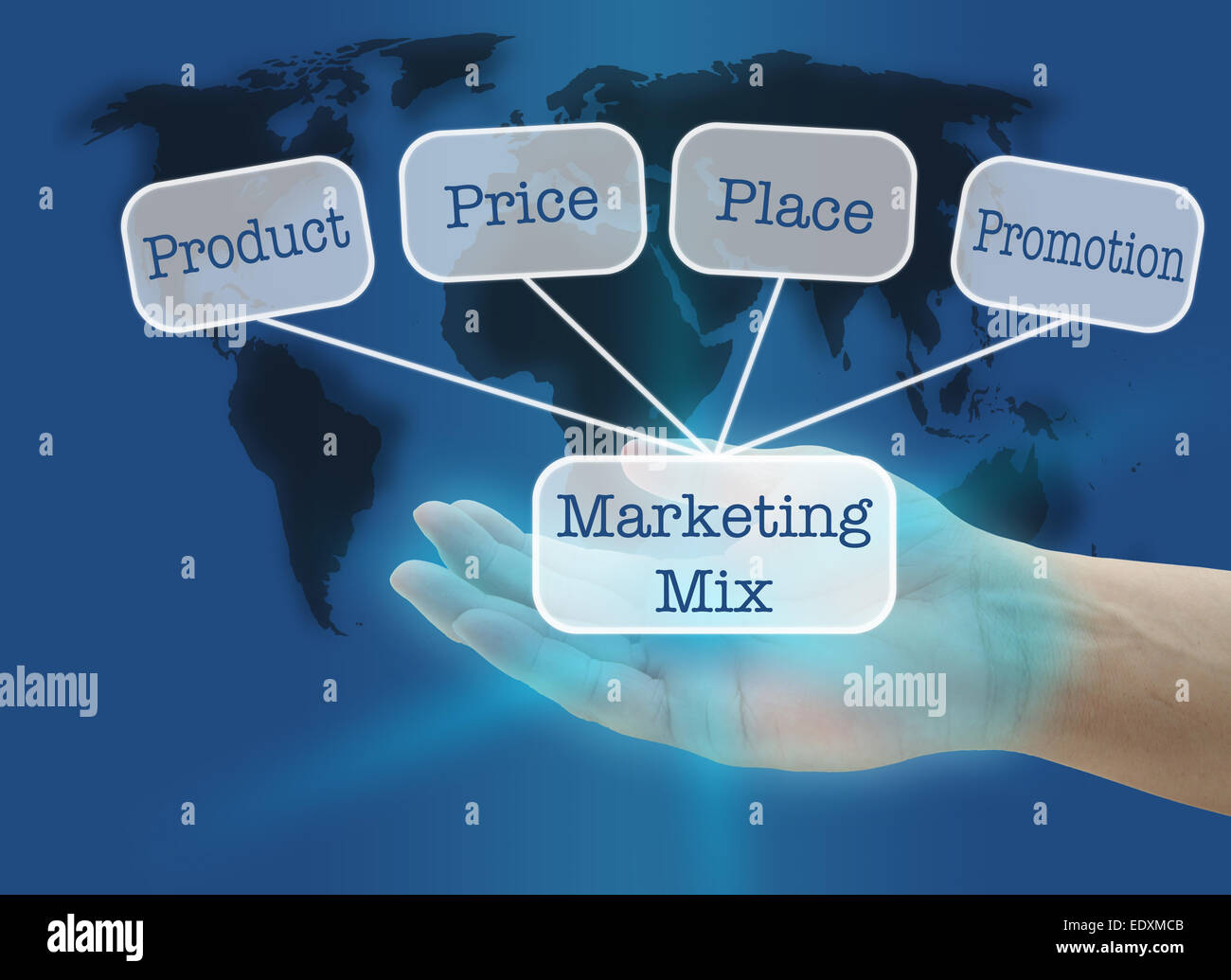 man hand hold business marketing mix concept with world map background ...