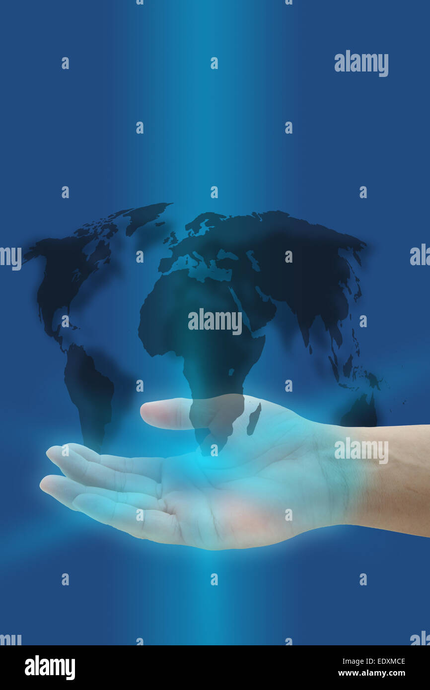 hand hold world map on blue background for globalization concept Stock ...