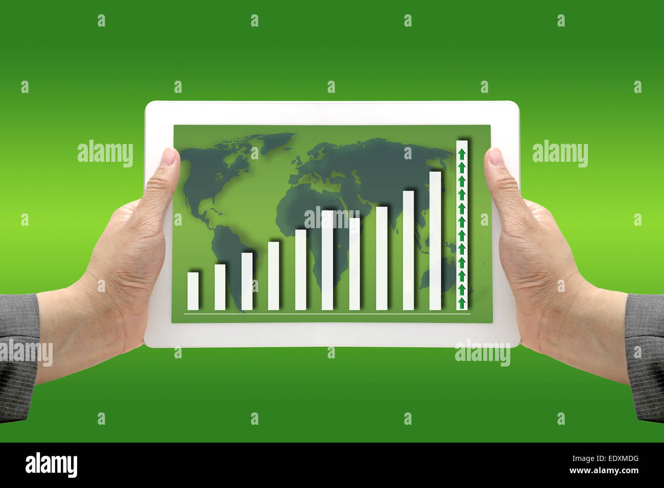 Business Hand Hold Technology Touch Screen Pad Interface with up Trend ...