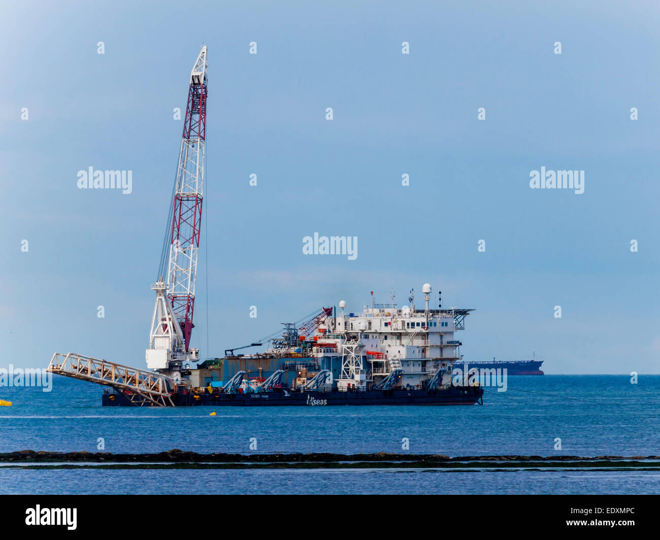 Inshore pipelay vessel Tog Mor prepares to lay the shallow water ...