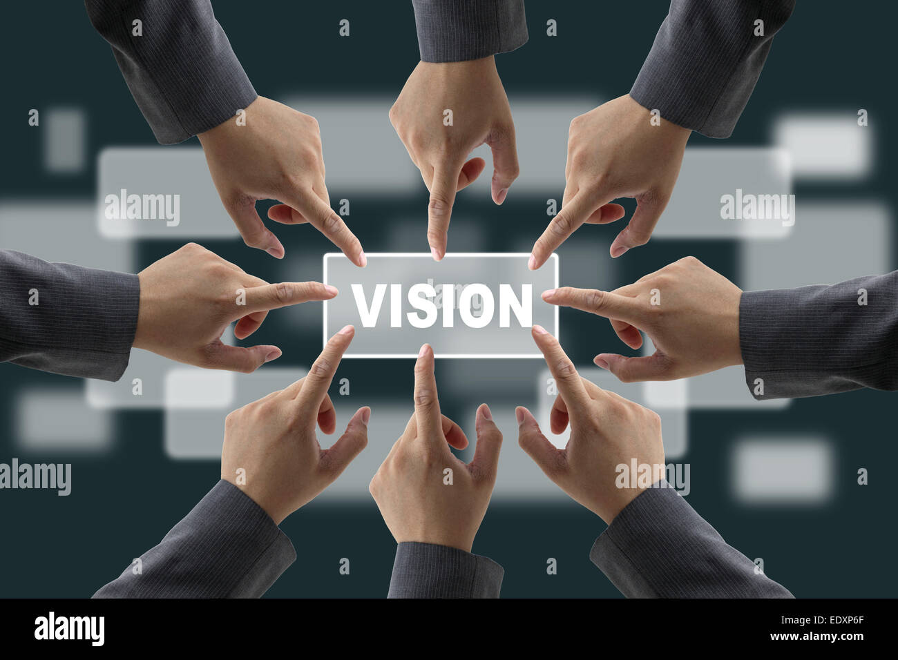 A diverse business team with hands together push Support button Stock ...