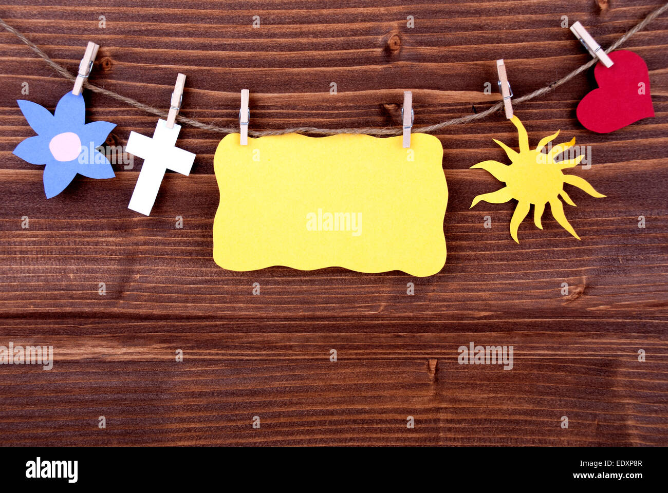 Yellow Tag Or Label With Heart And Flower And Cross And Sun On A Line ...
