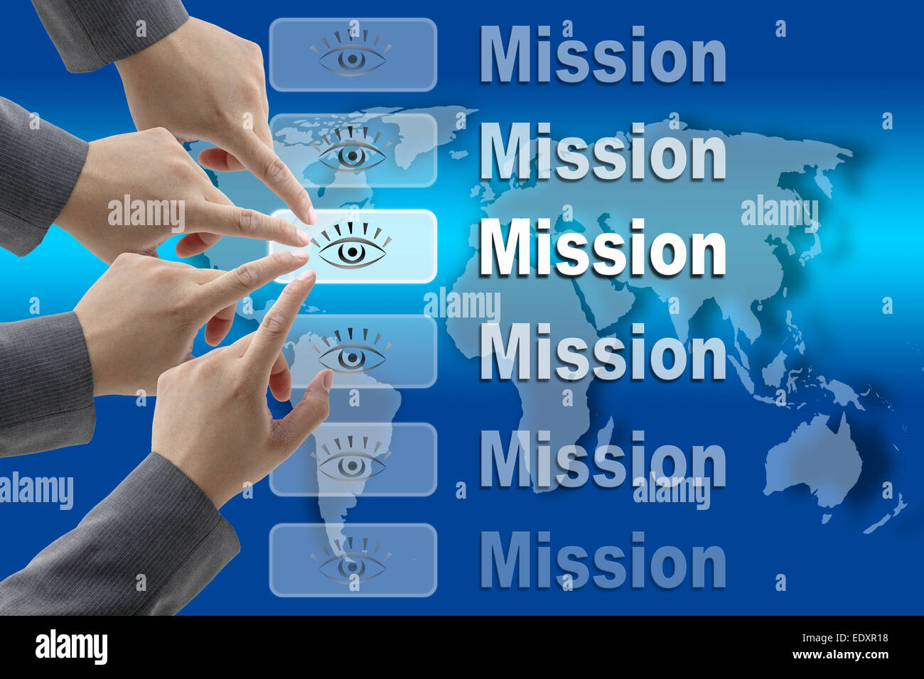 business team pushing on Mission button with world map background Stock ...