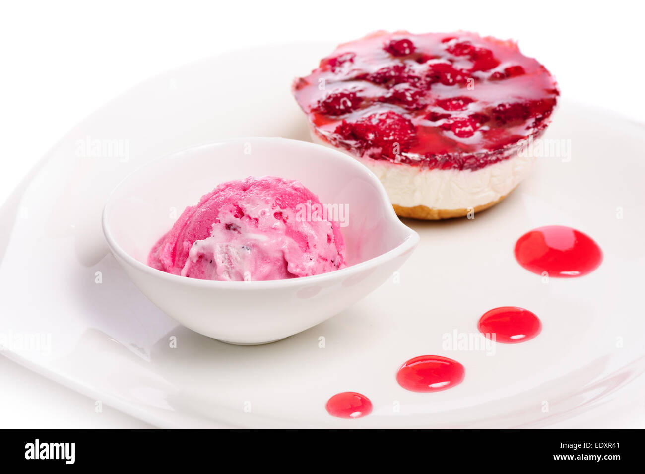 Raspberry cheese cake and ice cream ball Stock Photo - Alamy