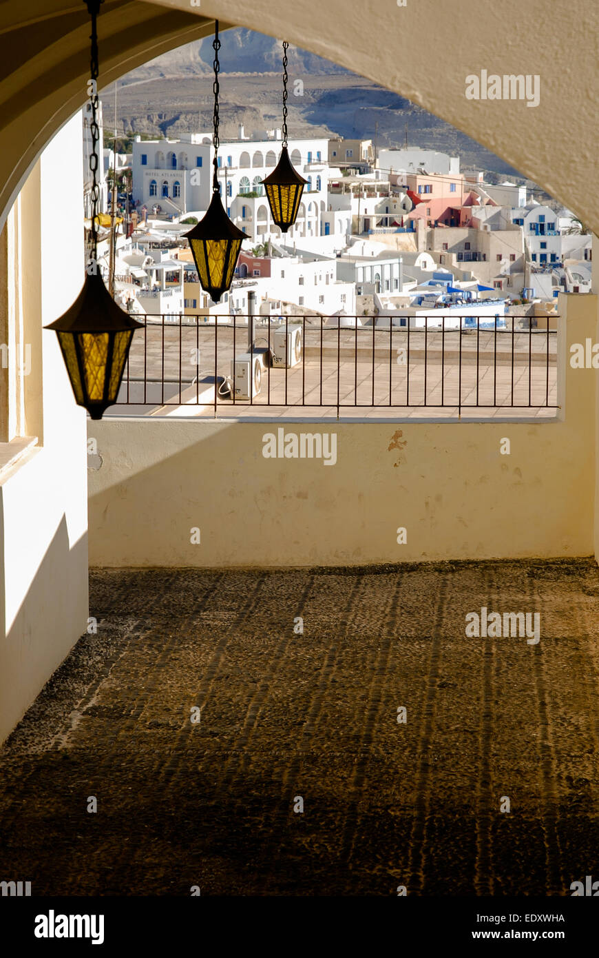 Santorini view through a window Stock Photo - Alamy